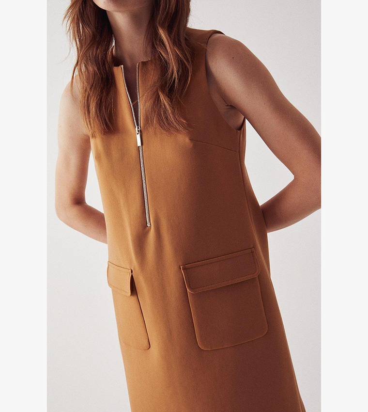Buy Warehouse Premium A Line Zip Front Mini Dress In Camel | 6thStreet ...