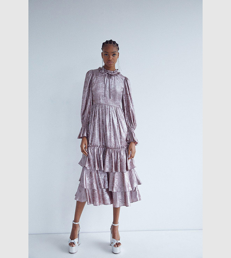 Buy Warehouse Ruffle Tie Collar Frill Tiered Midi Foil Dre Dress In ...