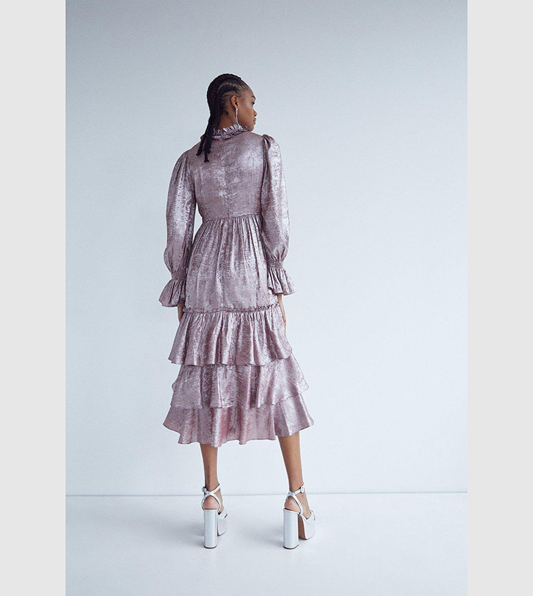 Buy Warehouse Ruffle Tie Collar Frill Tiered Midi Foil Dre Dress In ...