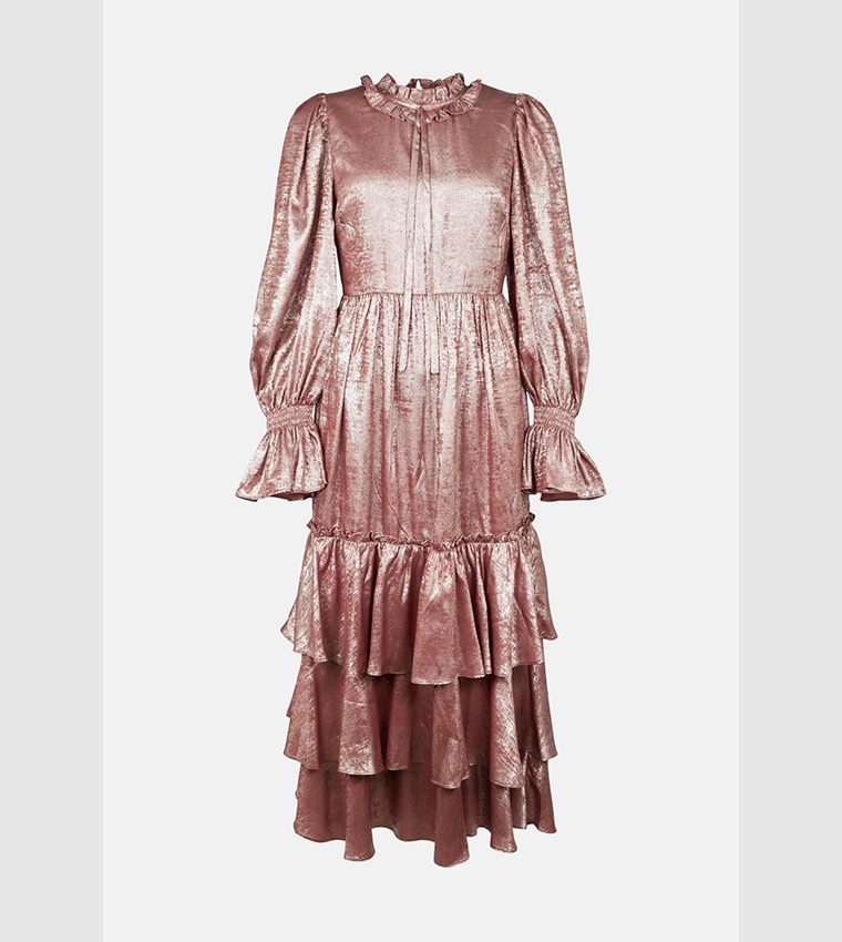 Buy Warehouse Ruffle Tie Collar Frill Tiered Midi Foil Dre Dress In ...