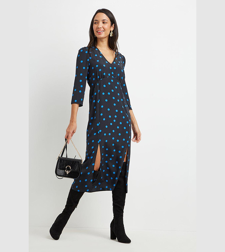 Buy Wallis Blue Spot Puff Sleeves Dress In Blue | 6thStreet Qatar
