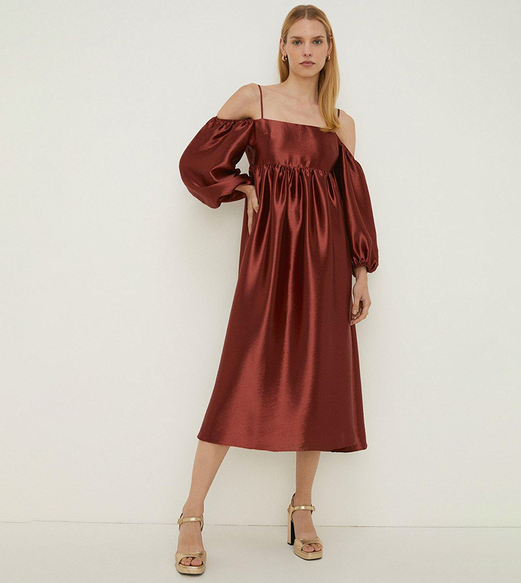 Buy Oasis Rachel Stevens Cold Shoulder Satin Dress In Maroon ...