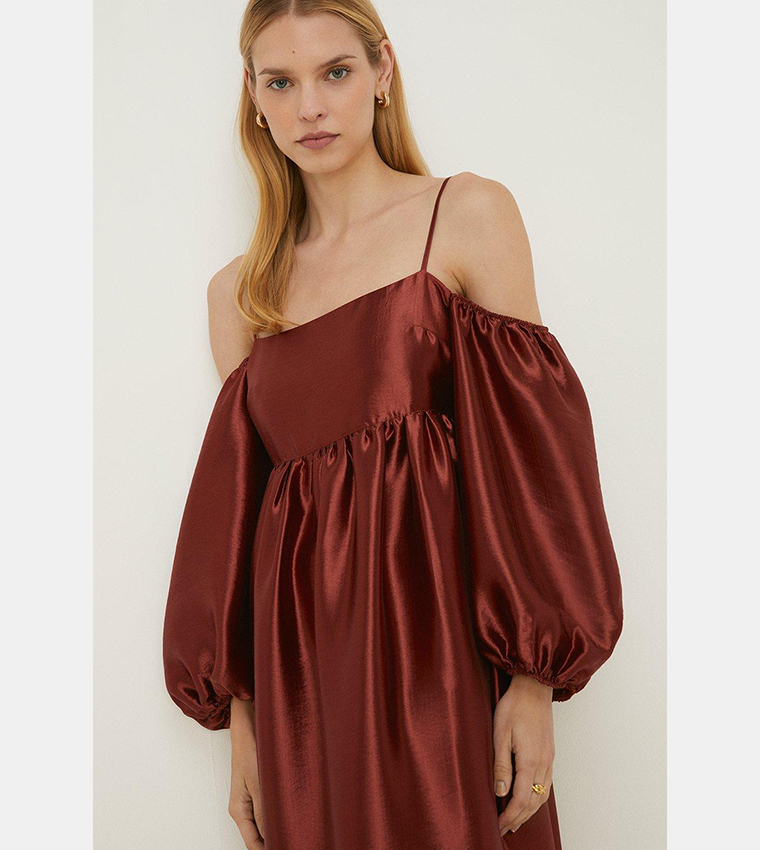 Buy Oasis Rachel Stevens Cold Shoulder Satin Dress In Maroon ...
