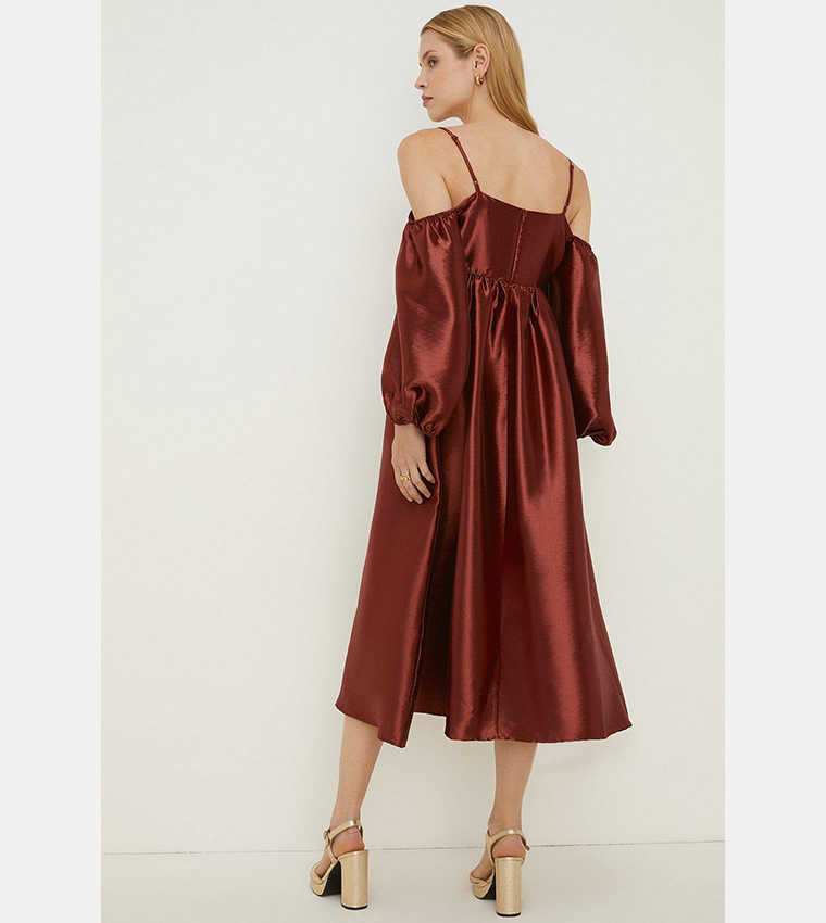 Buy Oasis Rachel Stevens Cold Shoulder Satin Dress In Maroon ...