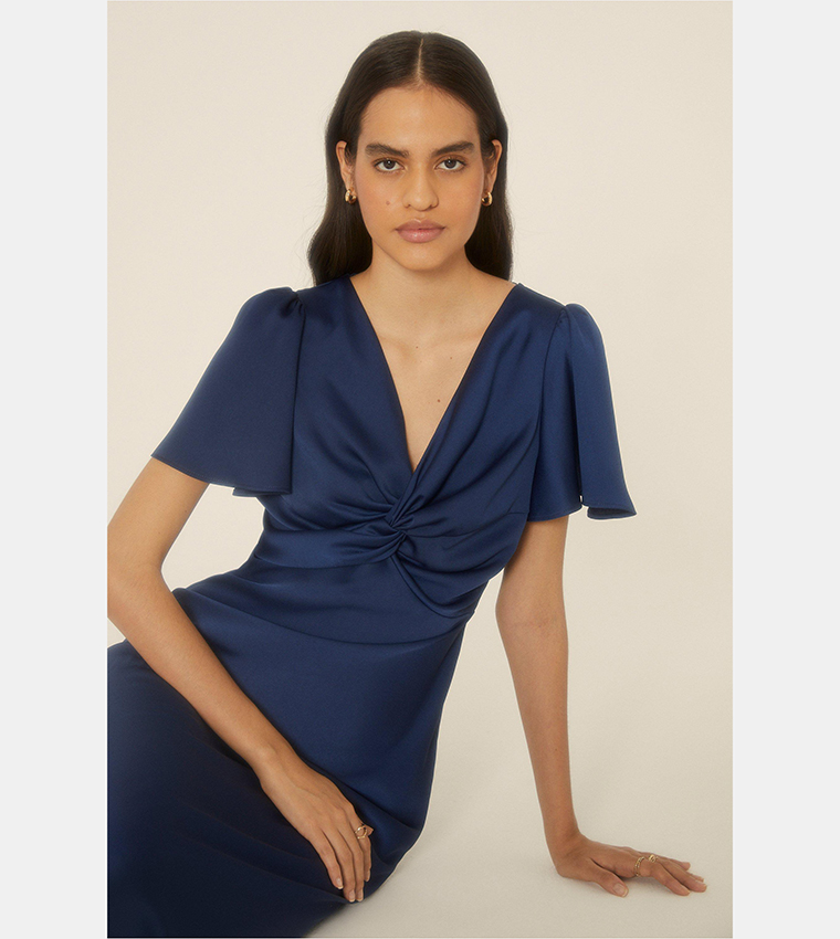 Buy Oasis Satin Twist Front Angel Sleeves Midi Dress In Navy ...