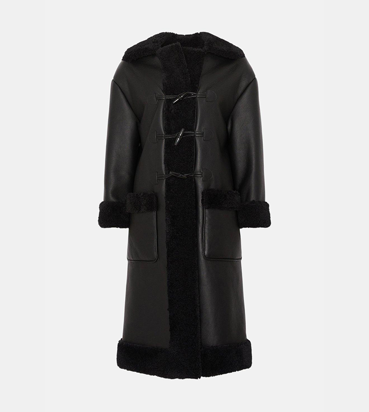Buy Oasis Premium Faux Shearling Longline Duffle Coat In Black ...