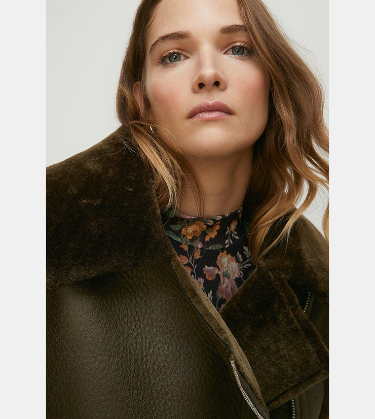 Buy Oasis Faux Shearling Aviator Jacket In Khaki | 6thStreet Kuwait