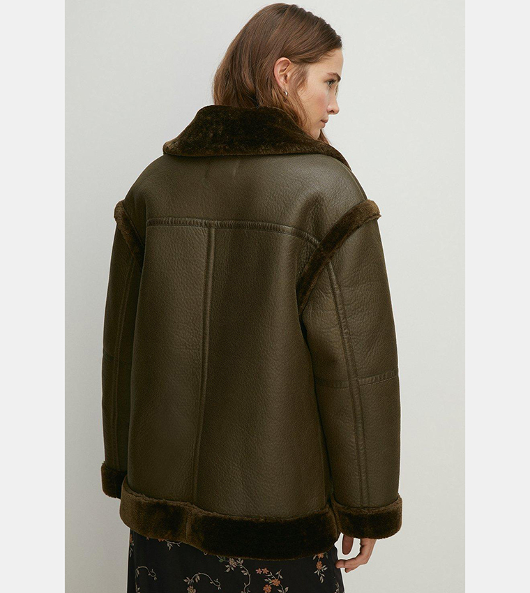 Buy Oasis Faux Shearling Aviator Jacket In Khaki | 6thStreet Oman