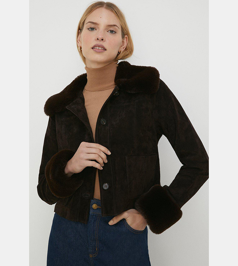 Buy Oasis Rachel Stevens Suede And Faux Fur Cropped Jacket In Brown ...