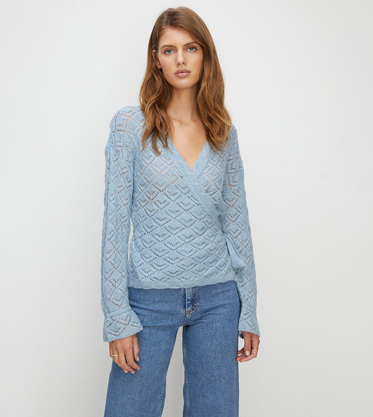 Buy Oasis Pointelle Lofty Touch Wrap Sweater In Blue | 6thStreet Qatar
