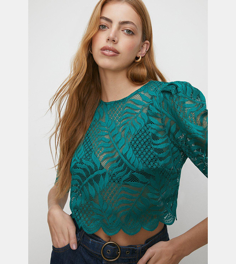 Buy Oasis Lace Scalloped Crop Top Co Ord Set In Green | 6thStreet UAE
