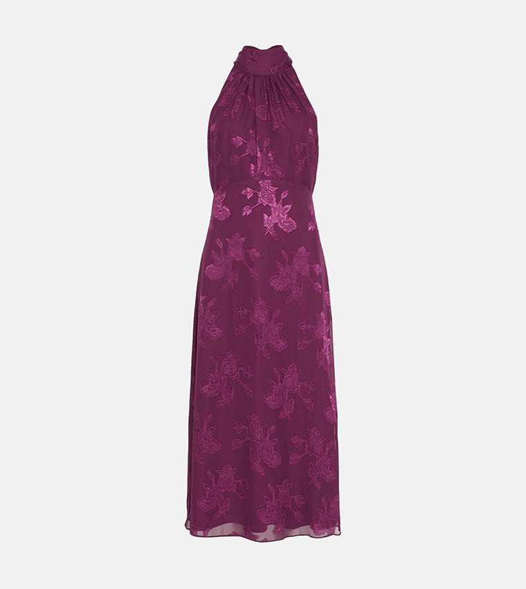 Buy Oasis Floral Satin Burnout Halterneck Midi Dress In Purple ...