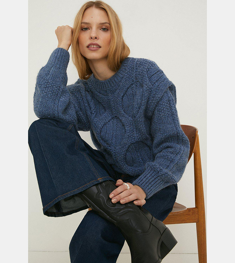 Buy Oasis Rachel Stevens Honeycomb Stitch Tuck Shoulder Sweater In Navy ...