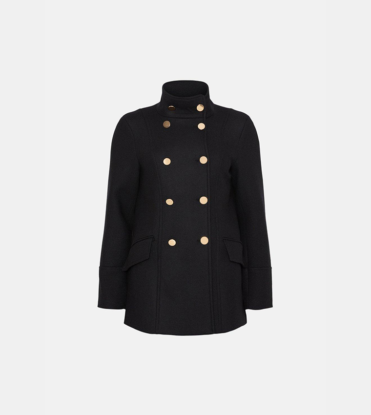Buy Oasis Premium Italian Wool Mix Short Military Coat In Black ...