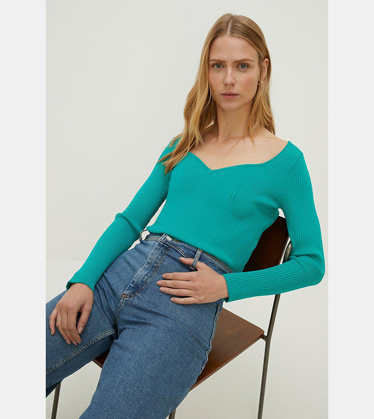 Buy Oasis Corset Detail Rib Detail Sweater In Green | 6thStreet Saudi ...