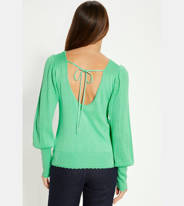 Buy Oasis Pointelle Sleeves Tie Back Sweater In Green | 6thStreet UAE