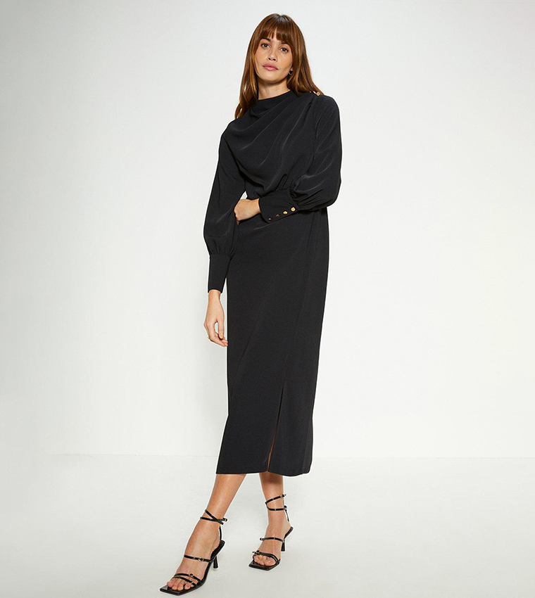 Buy Oasis Draped Crepe Button Detail Midi Dress In Black | 6thStreet UAE
