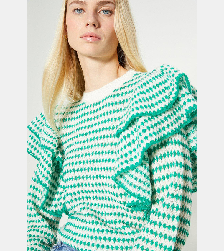 Buy Oasis Rachel Stevens Stripe Ruffle Detail Sweater In Green ...