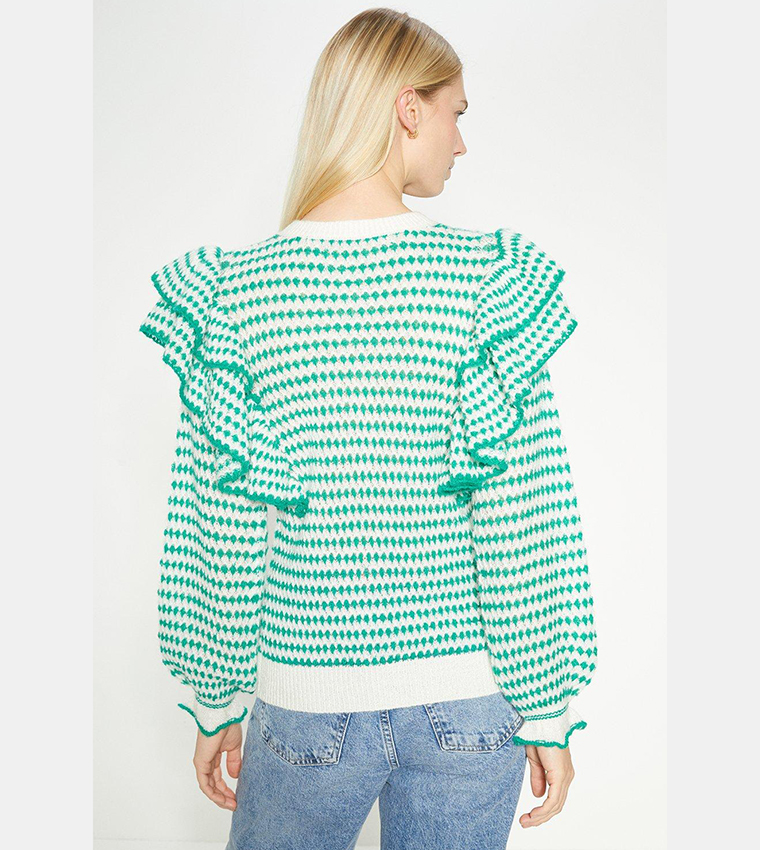 Buy Oasis Rachel Stevens Stripe Ruffle Detail Sweater In Green ...
