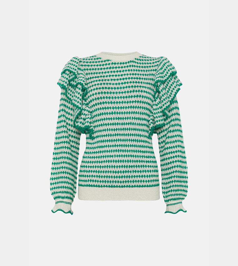 Buy Oasis Rachel Stevens Stripe Ruffle Detail Sweater In Green ...