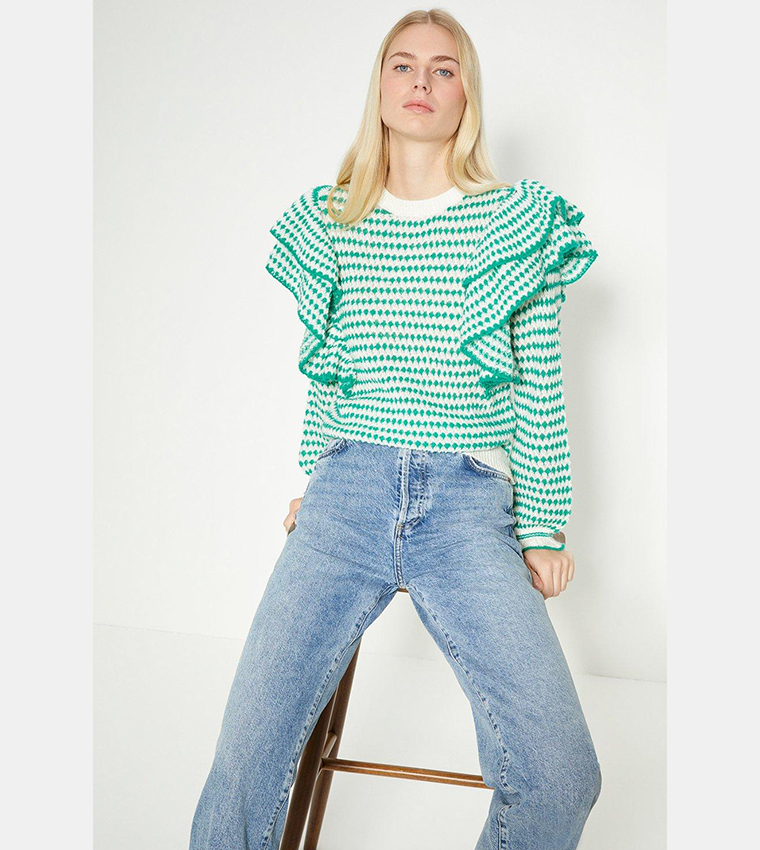 Buy Oasis Rachel Stevens Stripe Ruffle Detail Sweater In Green ...