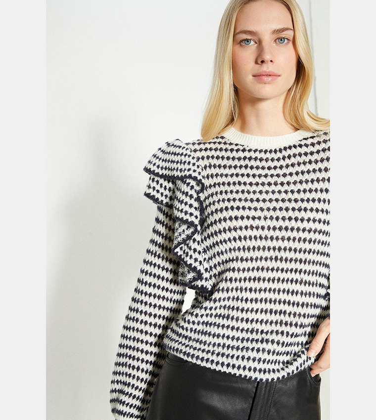 Buy Oasis Rachel Stevens Stripe Ruffle Detail Sweater In Navy ...