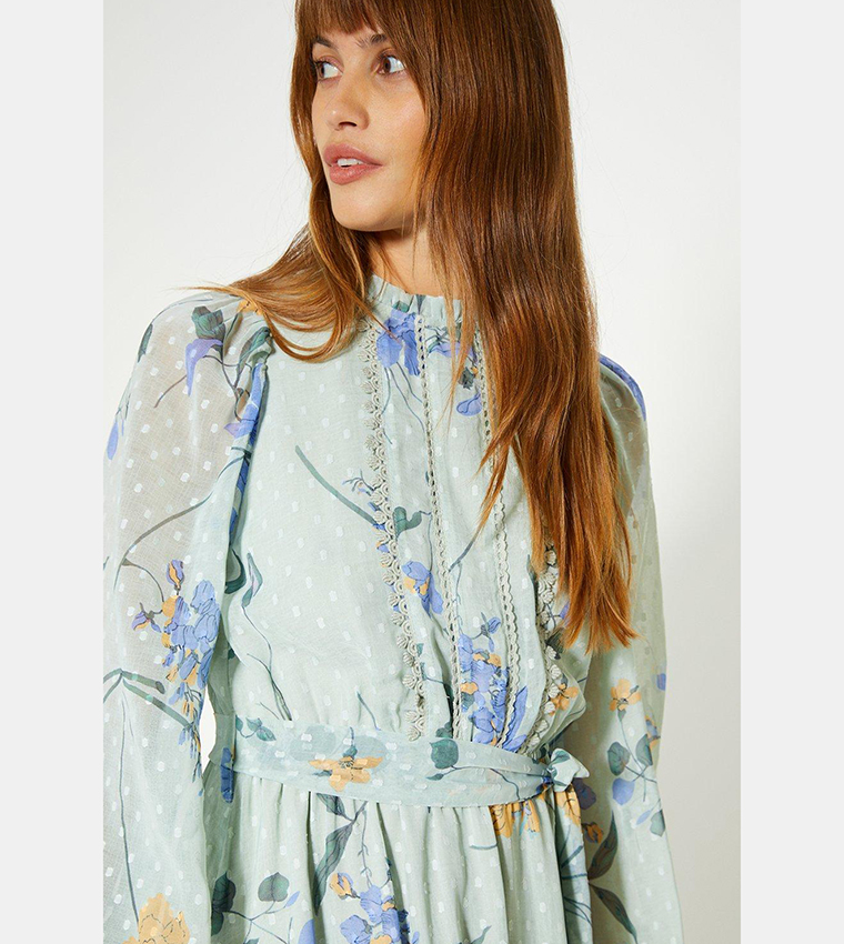 Buy Oasis Lace Trim Eastern Dobby Floral Midi Dress In Green ...