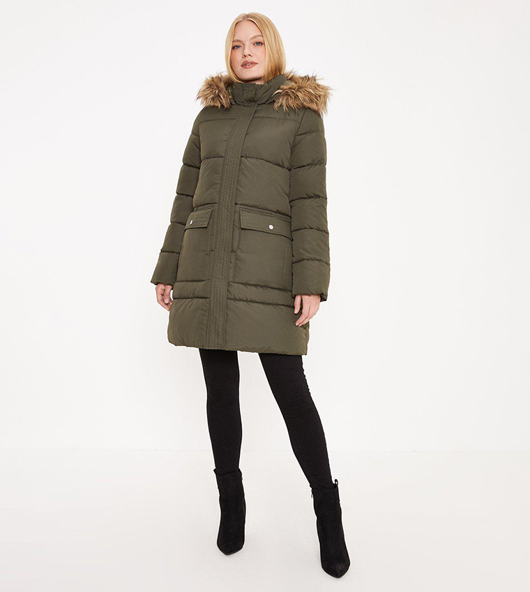Buy Oasis Extra Warm Midi Puffer Jacket In Khaki | 6thStreet Saudi Arabia