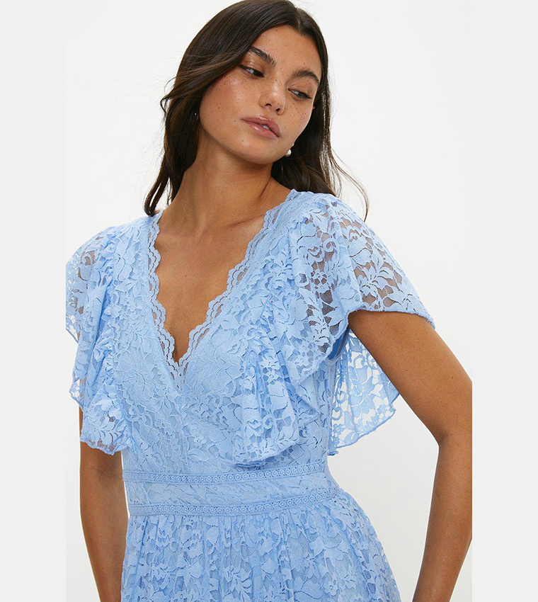 Buy Oasis Lace Ruffle Sleeves Midi Dress In Blue | 6thStreet Qatar