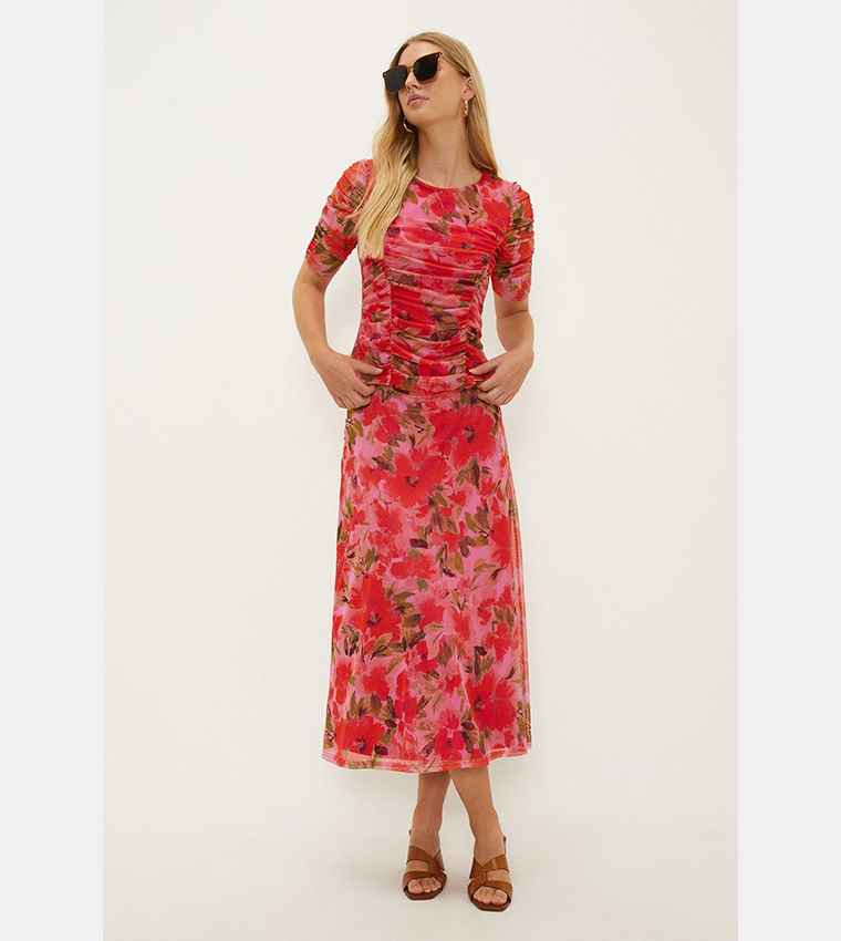Buy Oasis Red Floral Mesh Ruched Sleeves Top In Multiple Colors ...