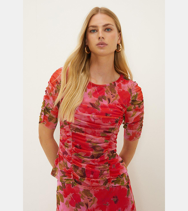 Buy Oasis Red Floral Mesh Ruched Sleeves Top In Multiple Colors ...