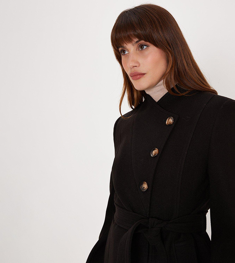 Buy Oasis Belted Button Through Short Wrap Coat In Black | 6thstreet Oman