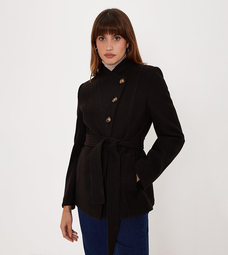 Buy Oasis Belted Button Through Short Wrap Coat In Black | 6thstreet Oman