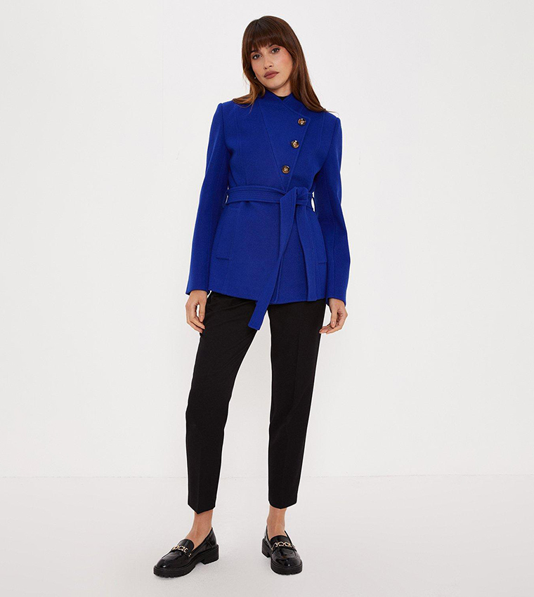 Buy Oasis Belted Button Through Short Wrap Coat In Blue | 6thStreet Qatar