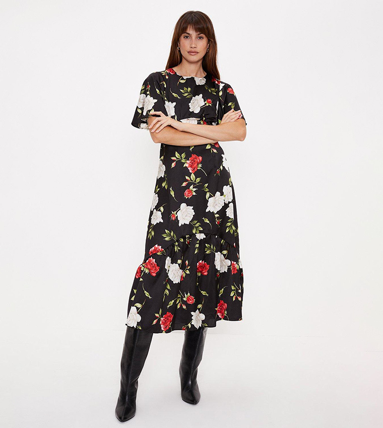 Buy Oasis Angel Sleeves Empire Seam Satin Midi Dress In Black ...