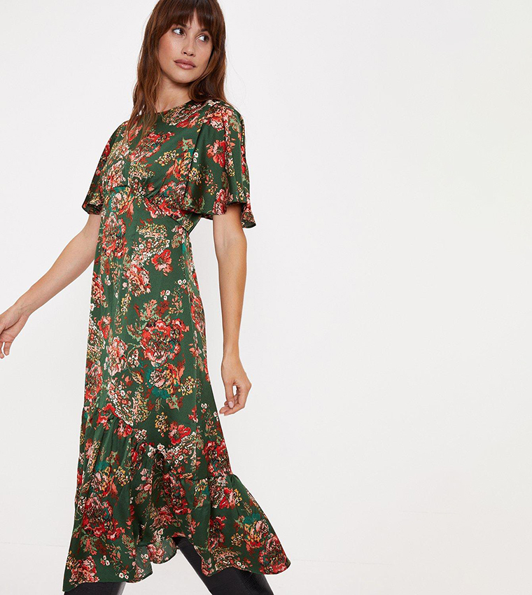Buy Oasis Angel Sleeves Empire Seam Satin Midi Dress In Green ...