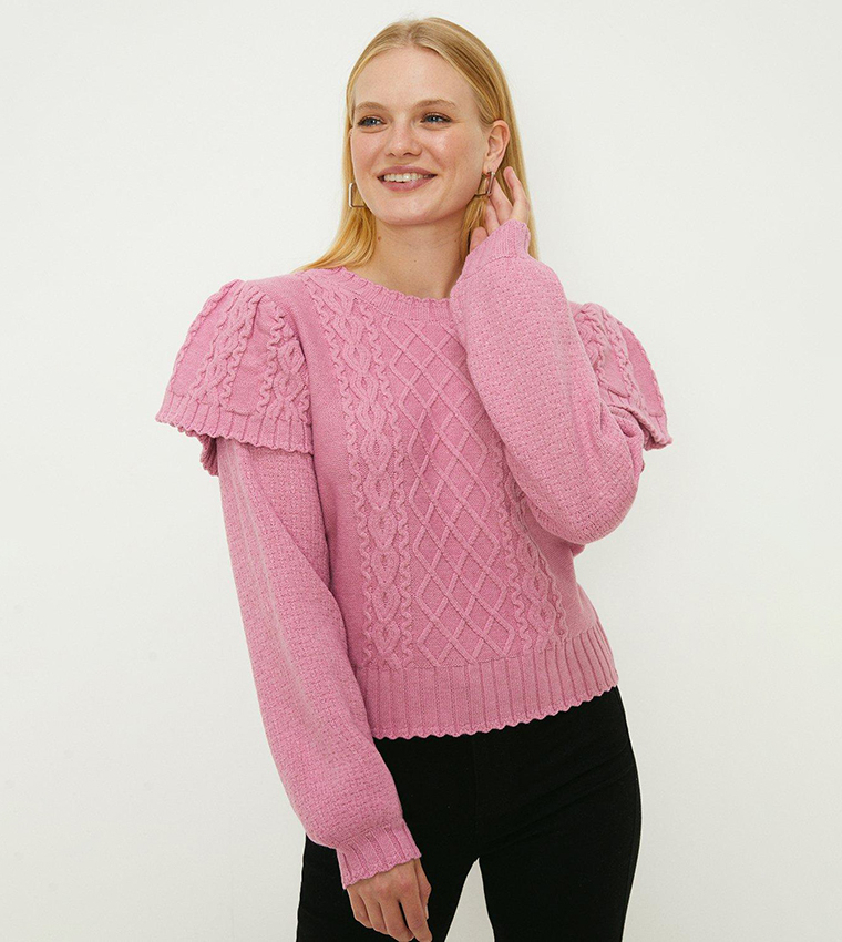 Buy Oasis Tipped Frill Detail Cable Stitch Sweater In Pink | 6thStreet UAE