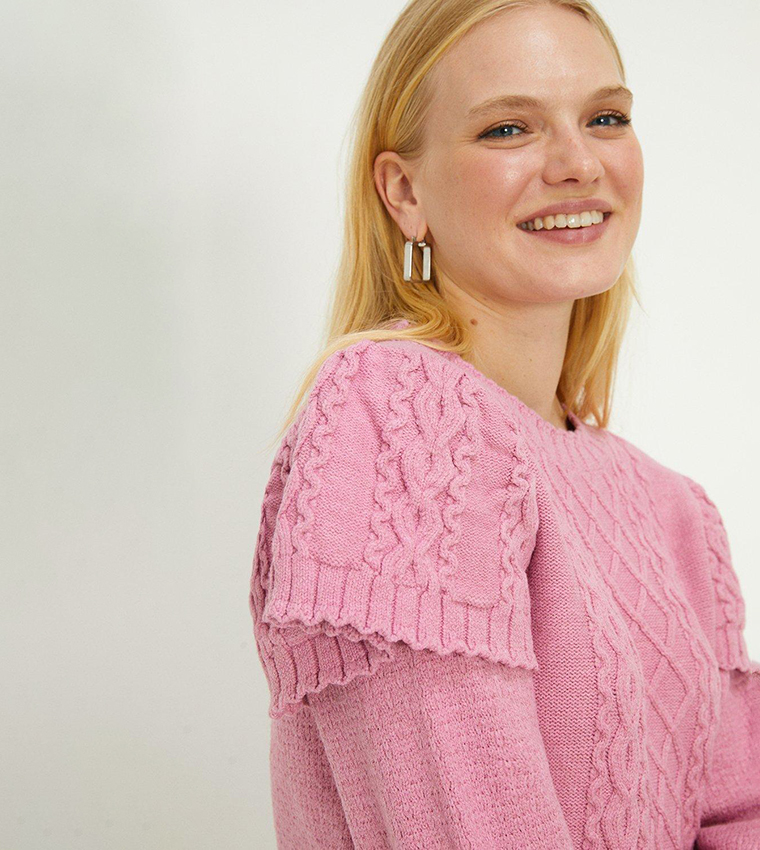 Buy Oasis Tipped Frill Detail Cable Stitch Sweater In Pink | 6thStreet UAE