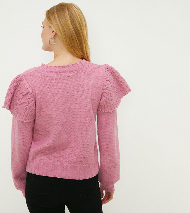 Buy Oasis Tipped Frill Detail Cable Stitch Sweater In Pink | 6thStreet UAE