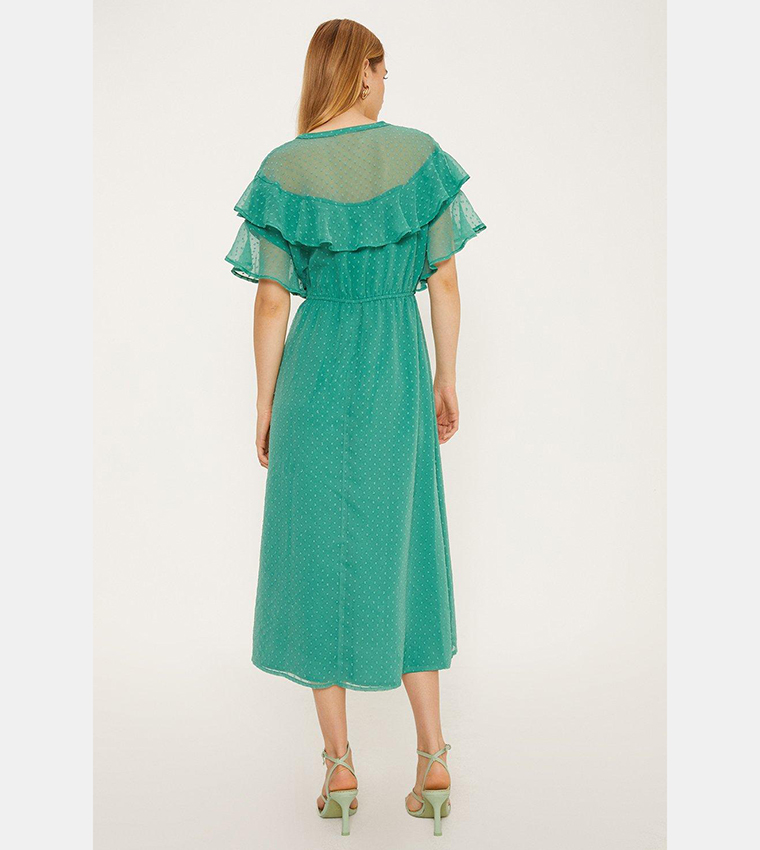 Buy Oasis Dobby Chiffon Ruffle Midi Dress In Green | 6thStreet UAE