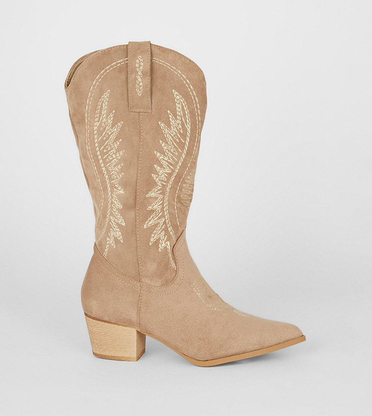 Buy Oasis Wooden Heel Knee High Western Ankle Boots In Beige ...