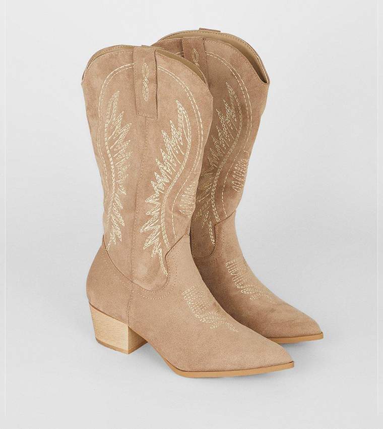 Buy Oasis Wooden Heel Knee High Western Ankle Boots In Beige ...