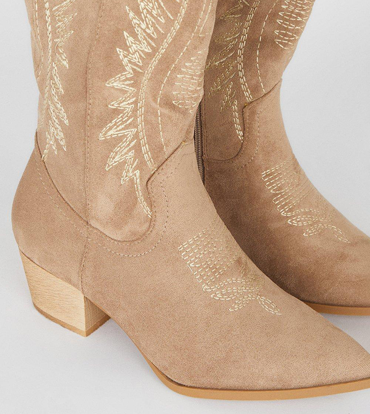 Buy Oasis Wooden Heel Knee High Western Ankle Boots In Beige ...