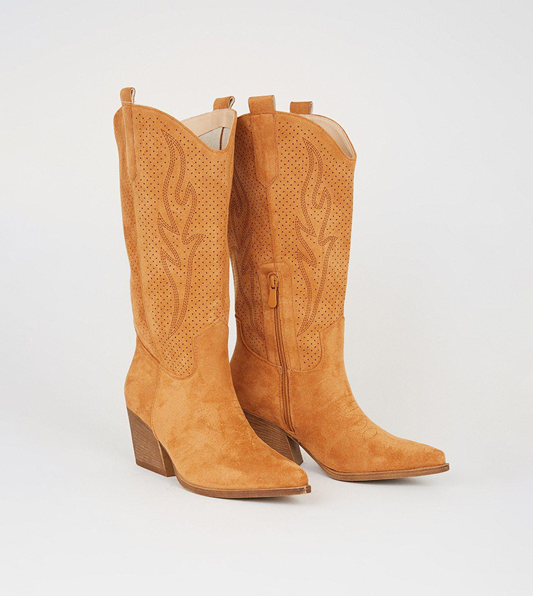 Buy Oasis Cut Out Pattern Knee High Western Boots In Brown | 6thStreet ...