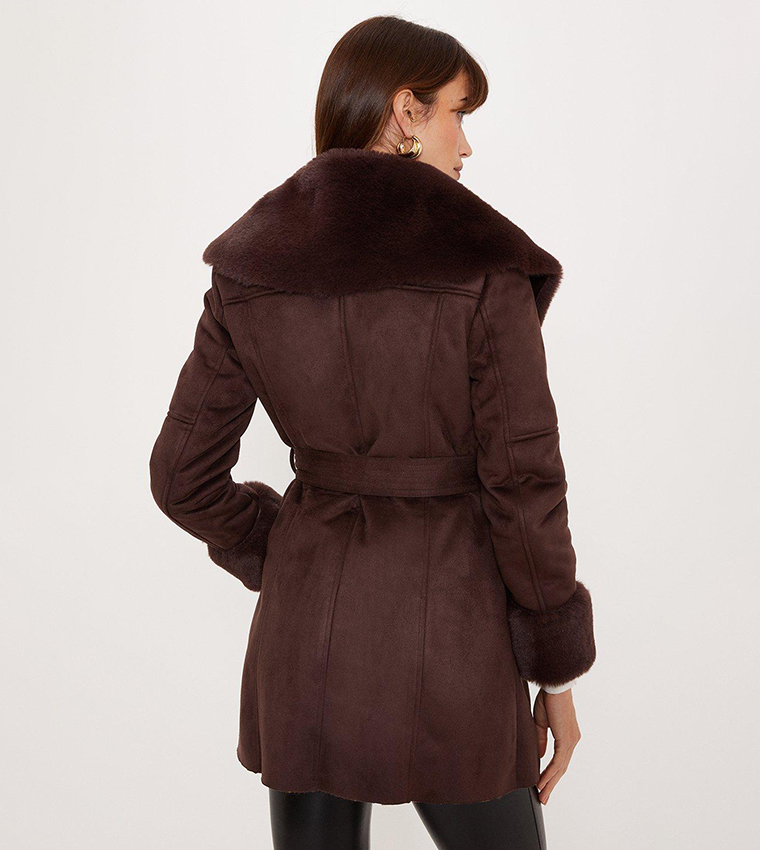Buy Oasis Faux Shearling Collar Belted Short Coat In Brown | 6thStreet ...