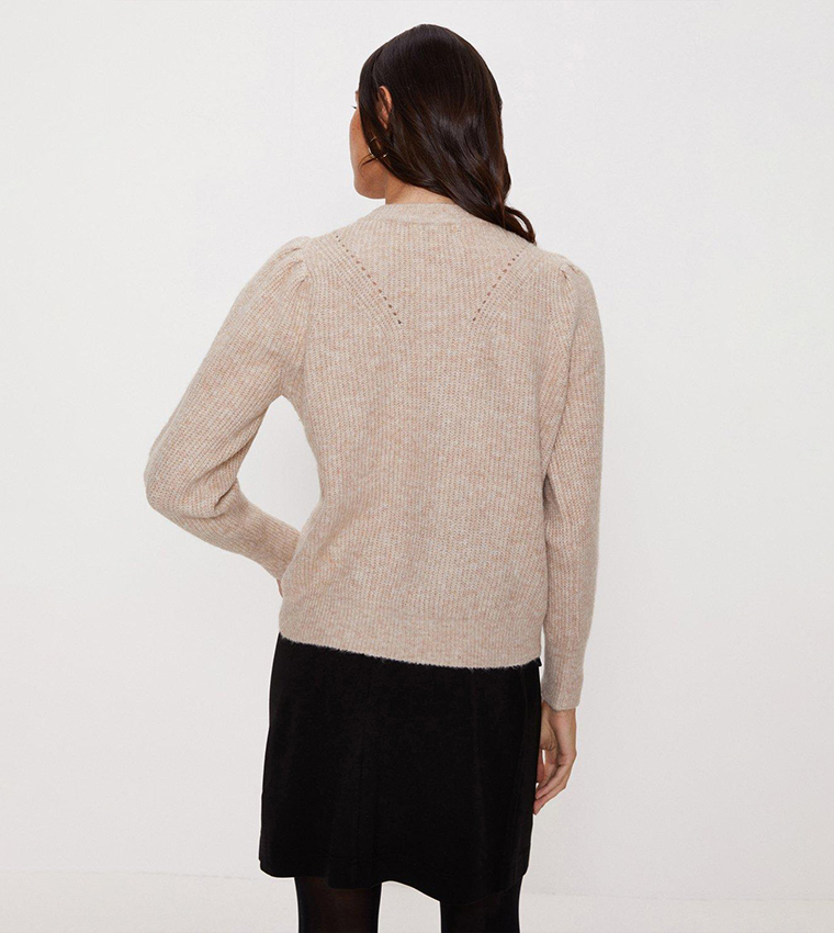 Buy Oasis Wool Blend Puff Sleeves Rib Crew Neck Cosy Sweater In Beige ...