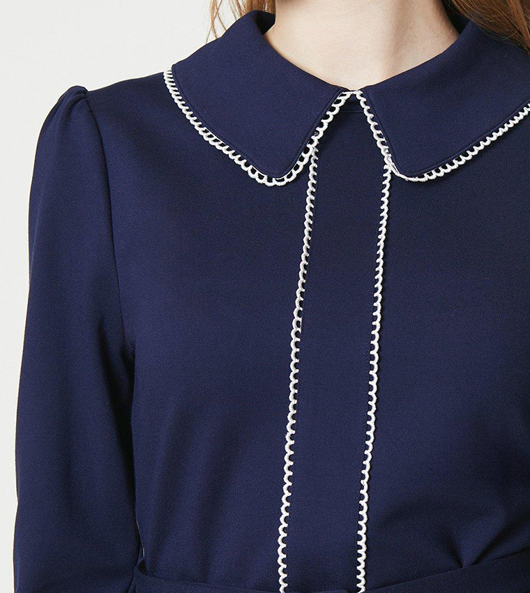 Buy Oasis Contrast Stitch Scallop Collar Belted Ponte Dress In Navy ...