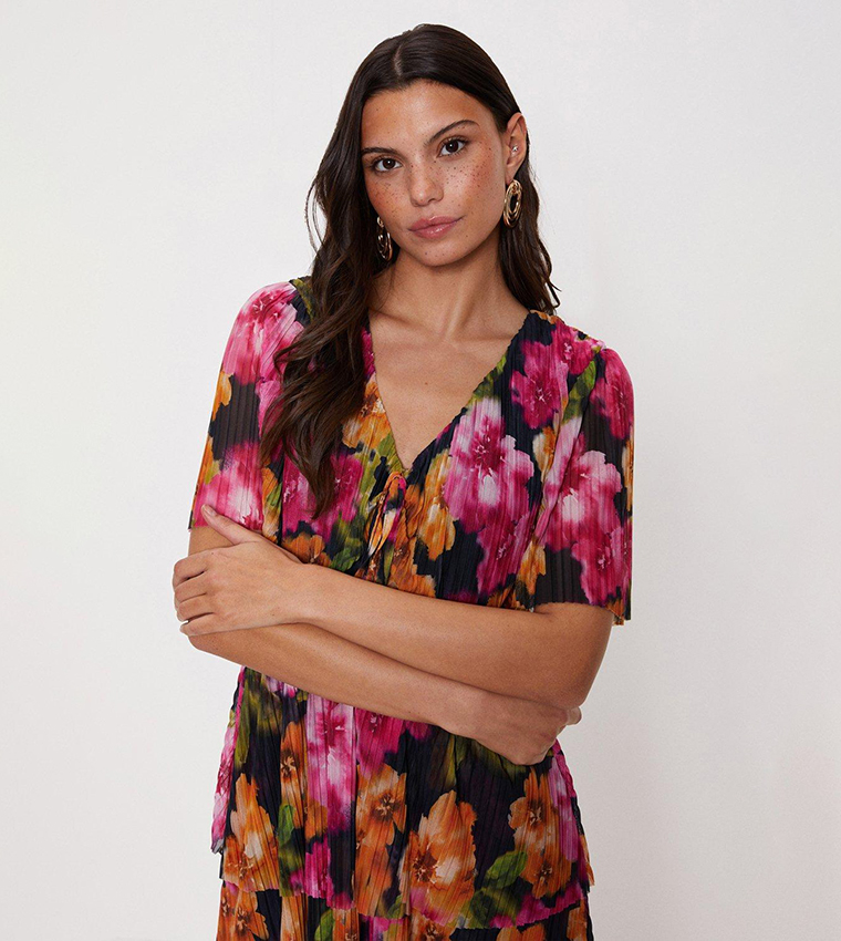 Buy Oasis Blurred Floral Plisse Angel Sleeves Midi Dress In Multiple ...