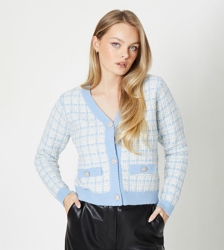 Buy Oasis Tipped Metallic Boucle Style Cardigan In Blue | 6thStreet UAE