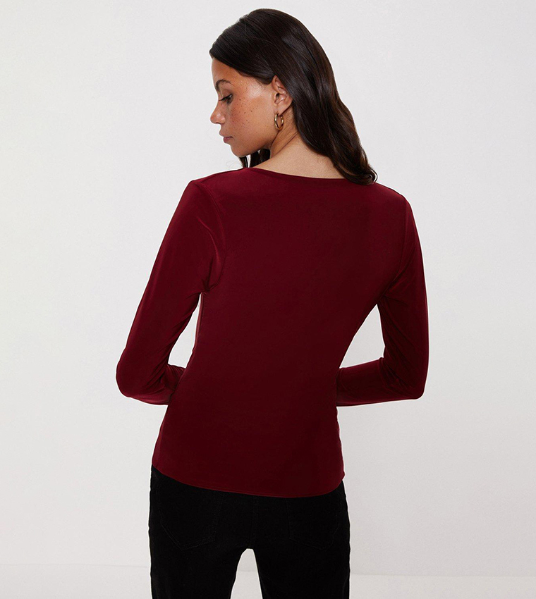 Buy Oasis Ruched Long Sleeves Drape Neck Top In Red | 6thStreet Bahrain